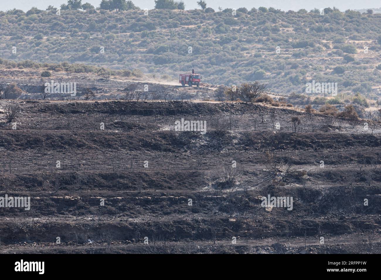 Alassa, Cyprus. 05th Aug, 2023. A fire track is patrolling the area ...