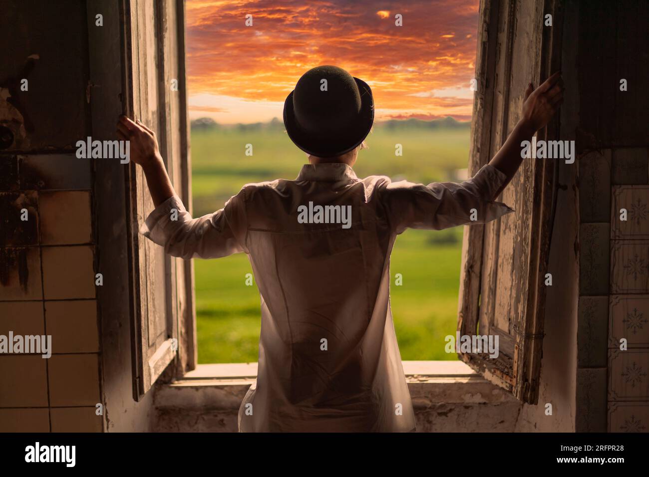 Inquisitive woman, a silhouette amidst decay, dreams of embracing life ...