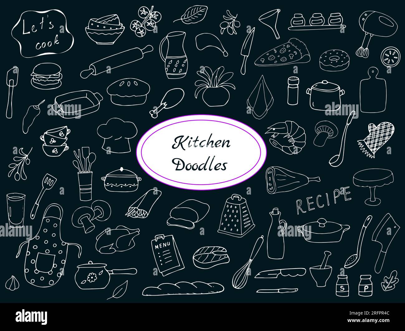 hand drawn kitchen doodle set, food, and drink, restaurant and cooking ...