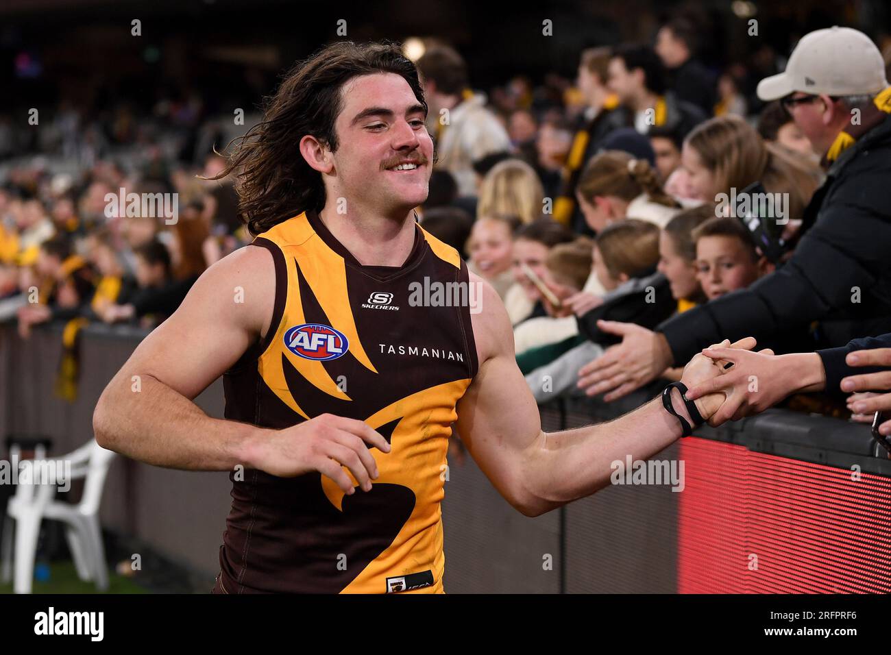 Melbourne, Australia. 05th Aug, 2023. Jai Newcombe of the Hawks reacts ...