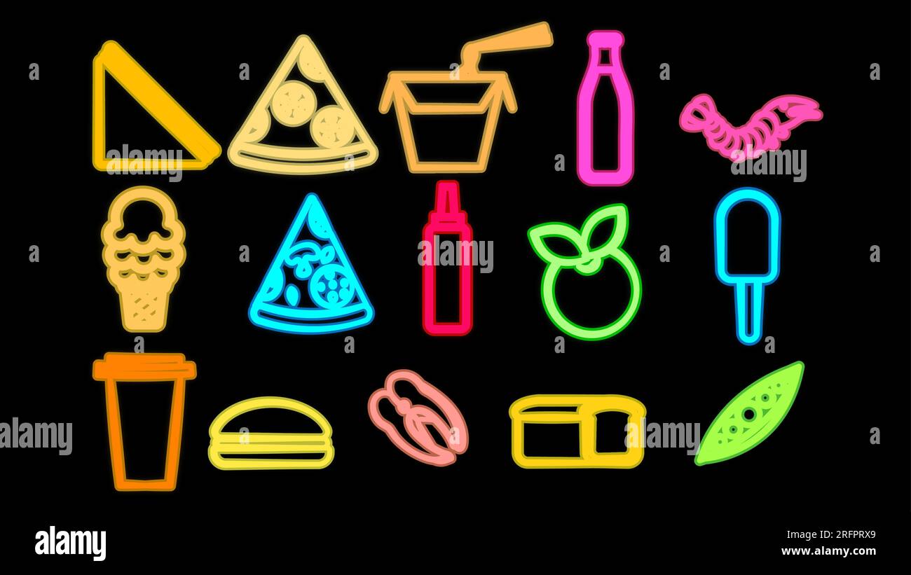 Neon bright glowing multicolored set of 15 icons of delicious food and ...
