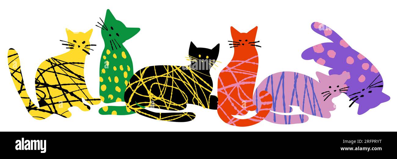 Illustration with textured colorful cute cats isolated on white color ...