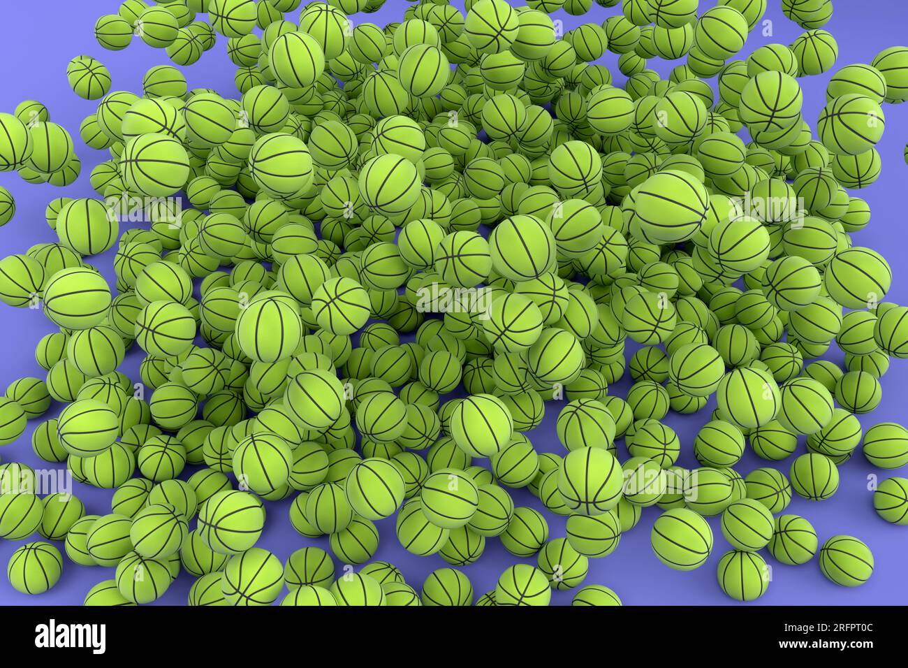 Many of flying green basketball ball falling on violet background. 3d ...