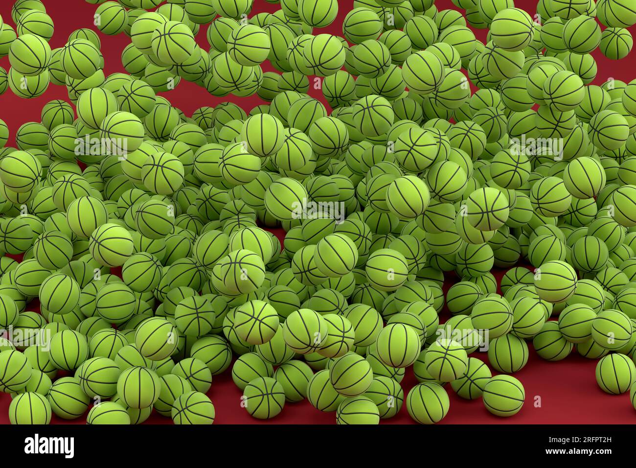 Many of flying green basketball ball falling on red background. 3d ...