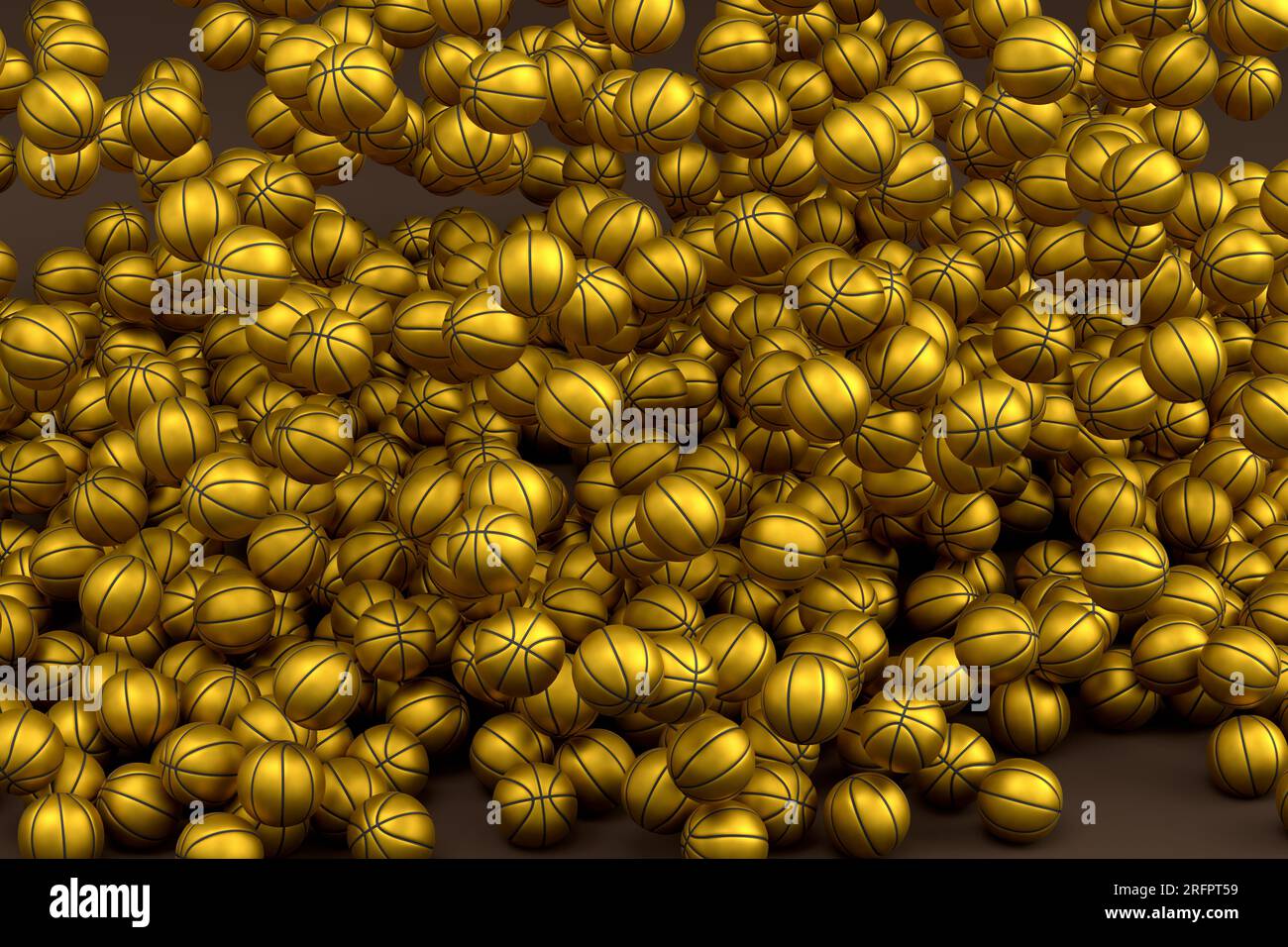 Many of flying gold basketball ball falling on dark background. 3d ...