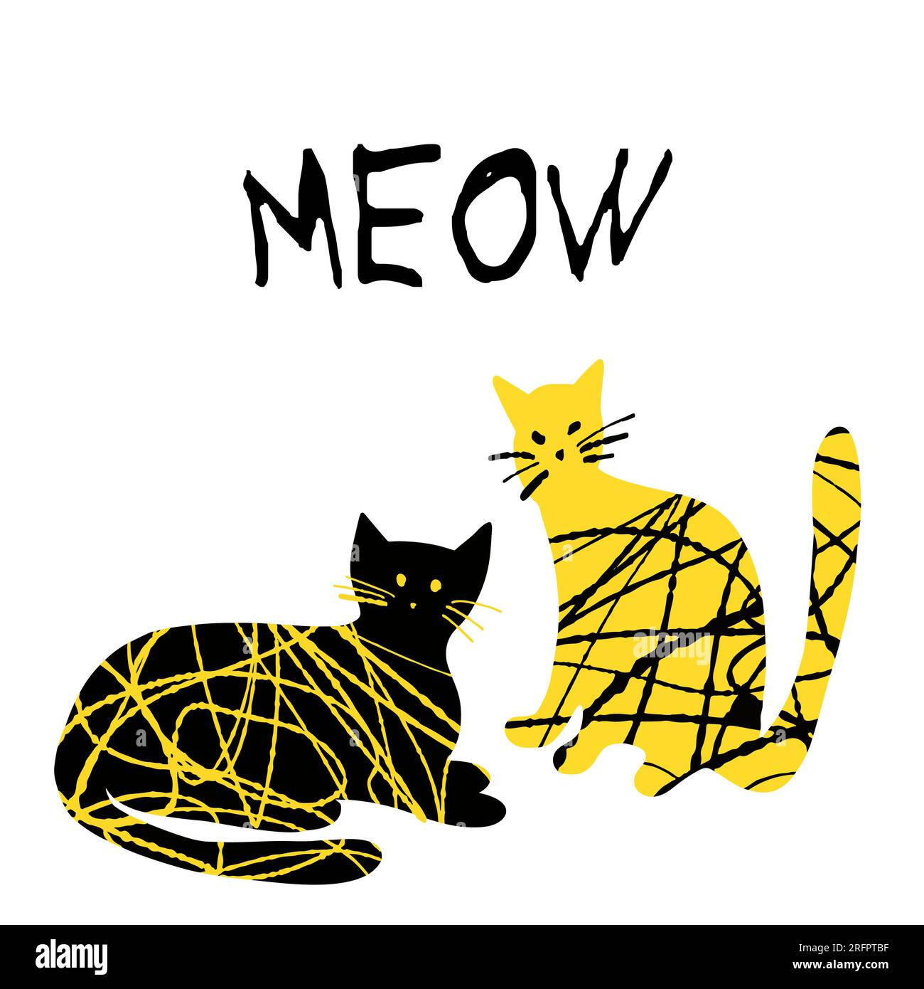 Textured cute cats illustration yellow and black color with text Meow ...