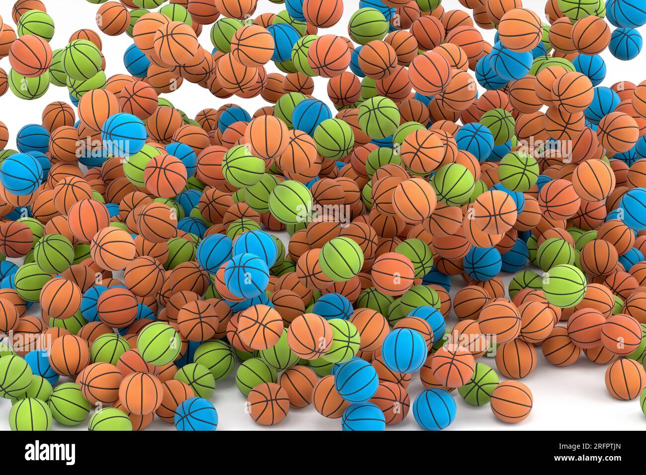 Many of flying multicolor basketball ball falling on white background ...