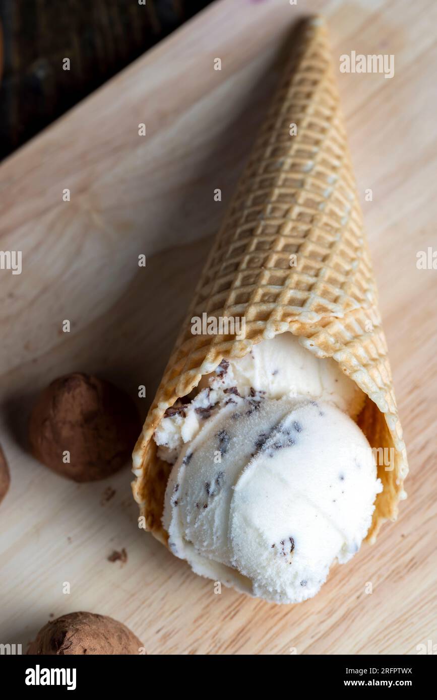 Sweet ice cream with chocolate pieces, creamy ice cream with chocolate ...