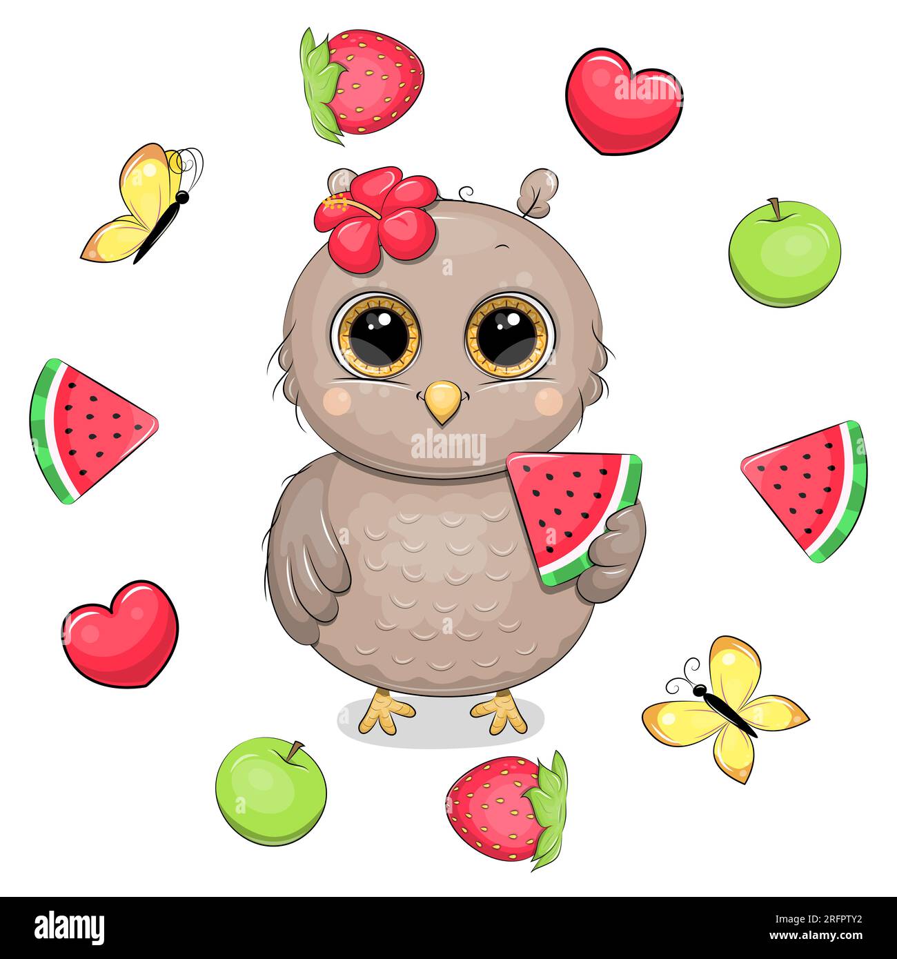 Cute cartoon owl with red flower and watermelon in fruit frame. Summer ...