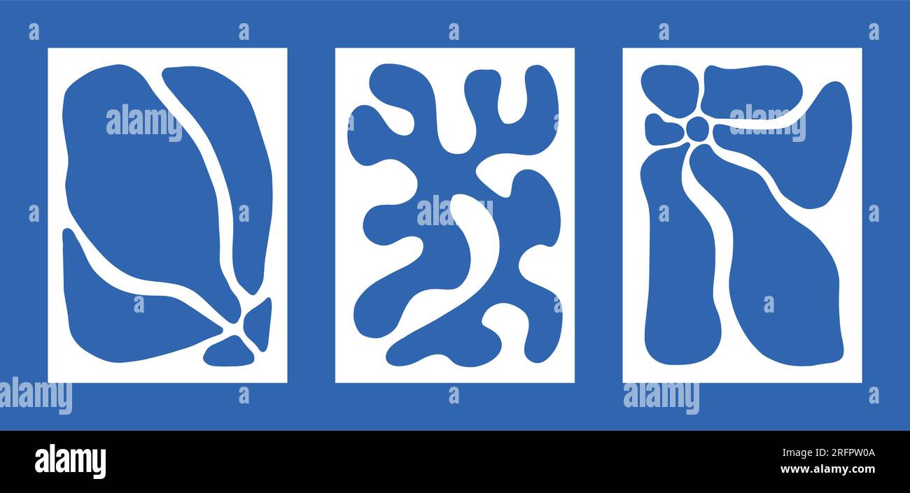 Naive Doodle Curve Aestethic Poster Set in Blue Color. Groovie Abstract ...