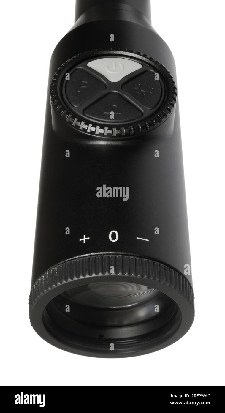 Thermal rifle scope seen from the diopter adjustment side with the ...
