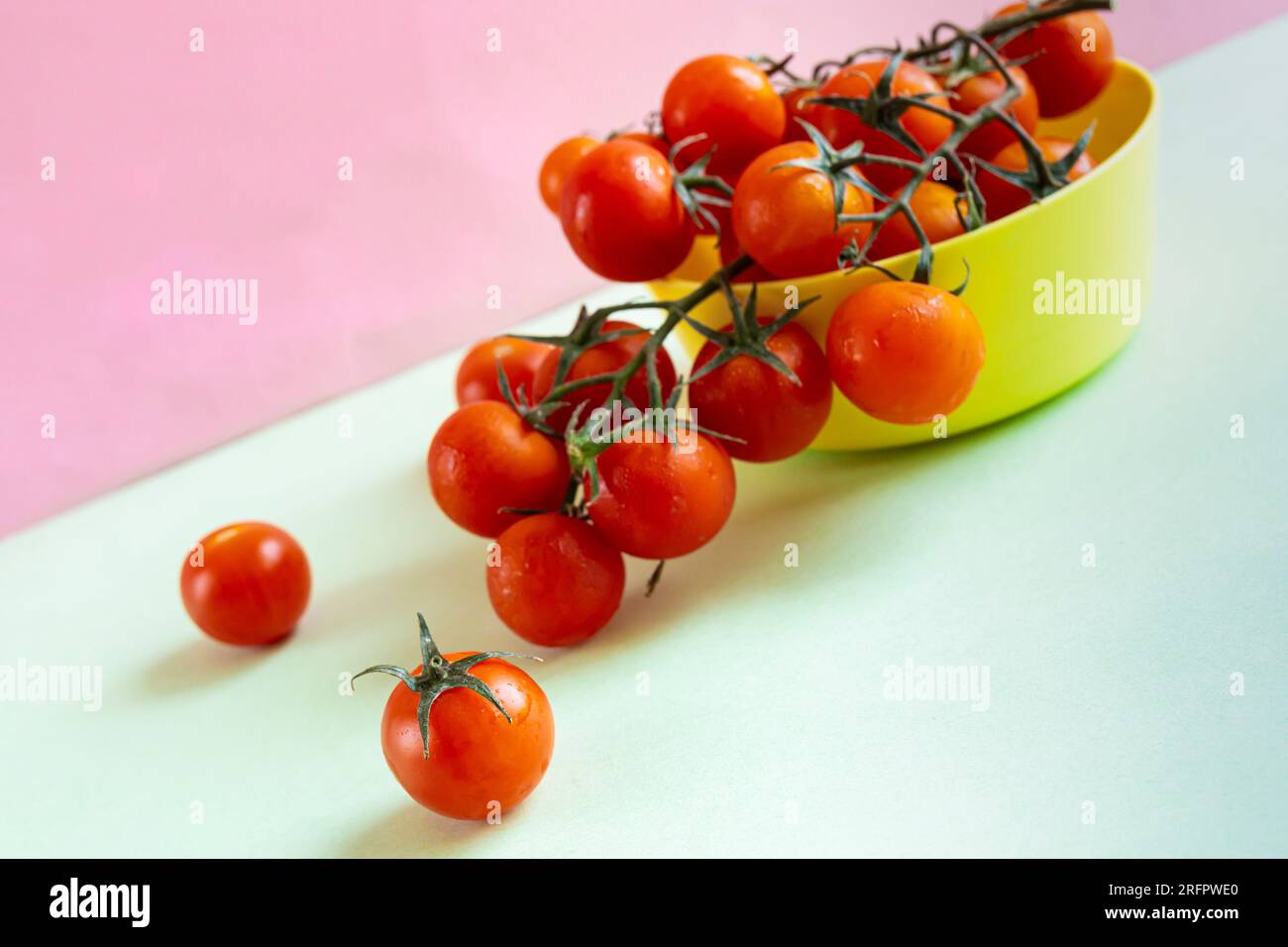 Red cherry tomatoes in a yellow bowl over pastel pink and green ...