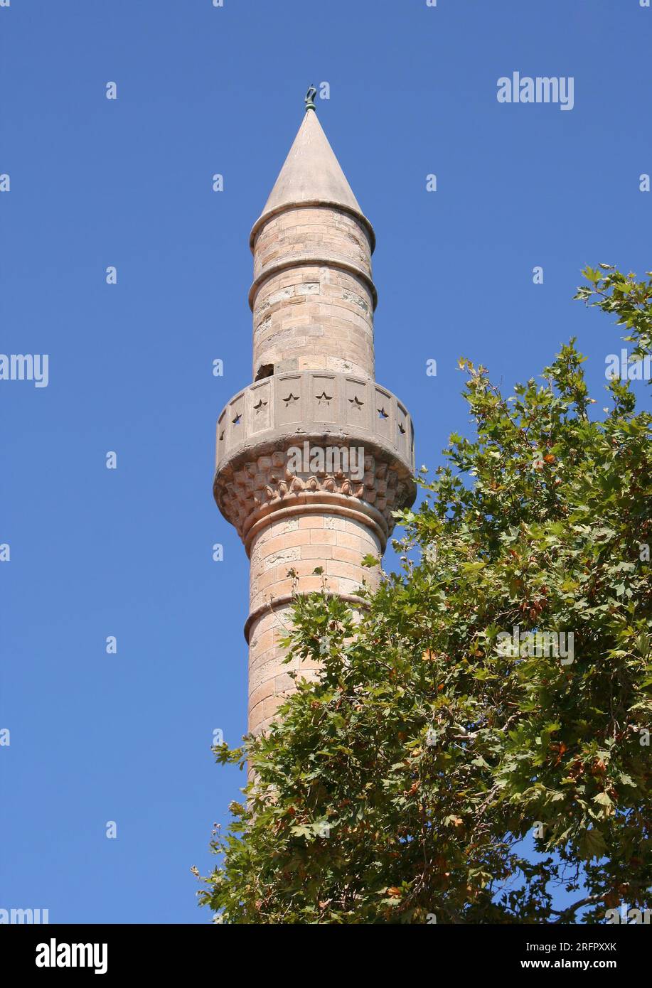 Minaret of The Ottoman era Mosque with Blue Sky Background in Kos ...