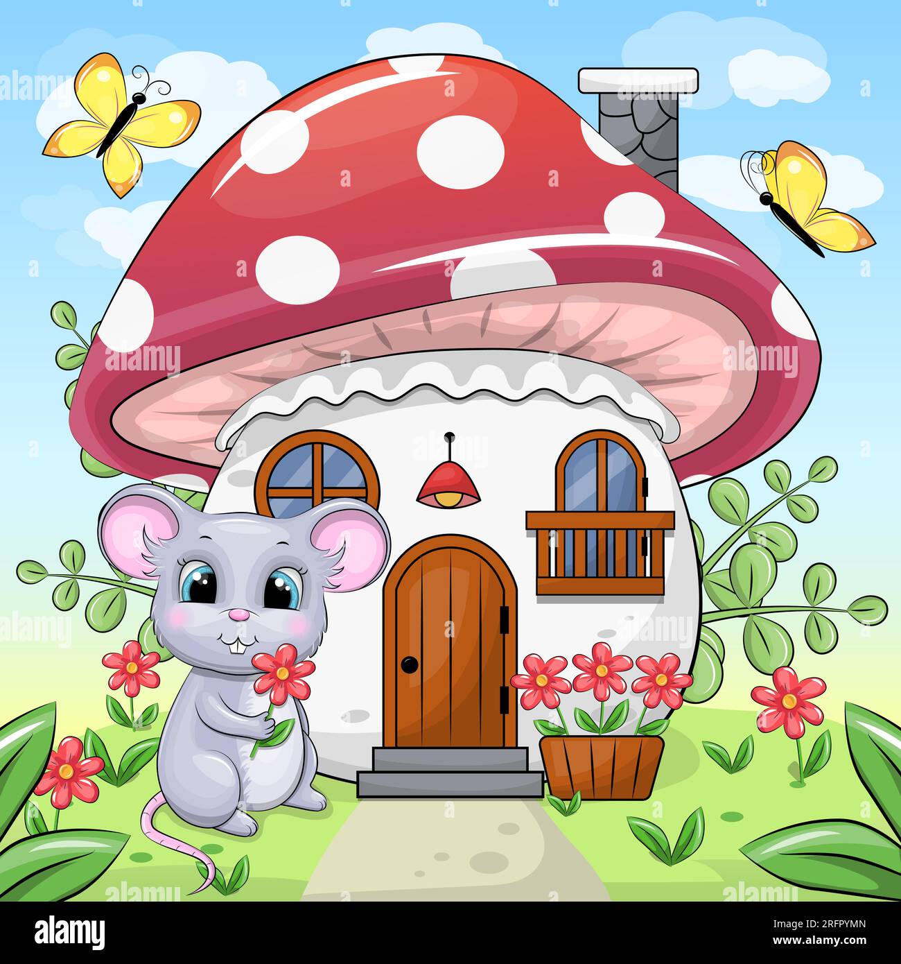 Cute cartoon gray mouse with a mushroome house. Summer vector ...