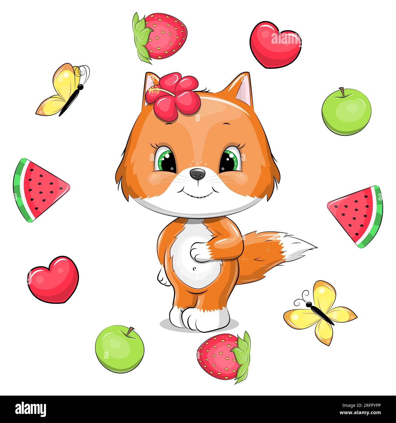 Cute cartoon fox with red flower in fruit frame. Summer animal vector ...