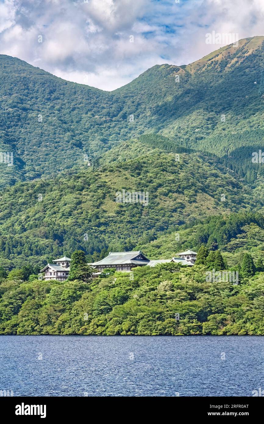 Traditional Japanese architecture on the banks of Lake Hakone, a crater ...
