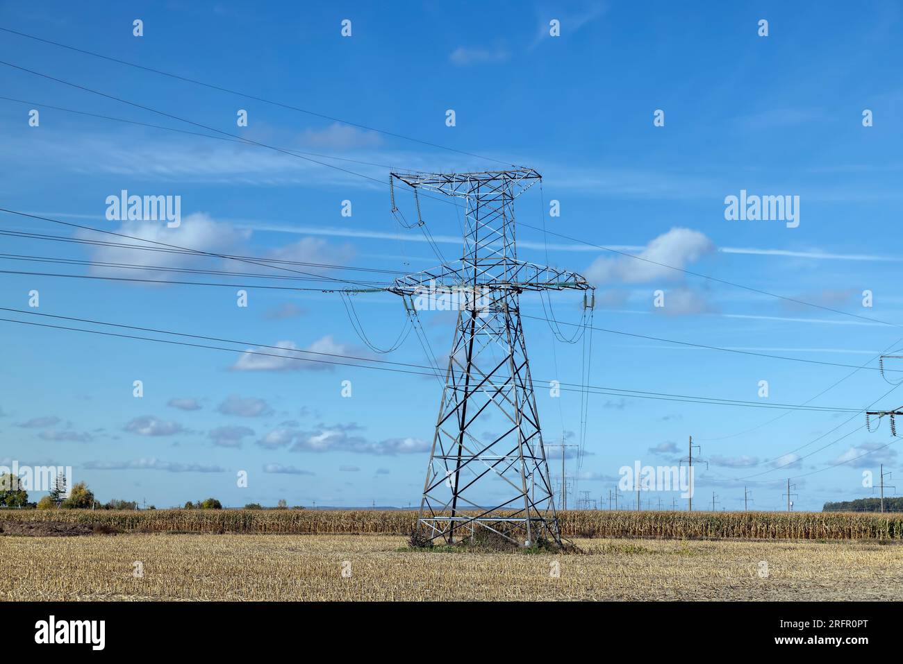 High-voltage poles installed in the field for electric lines ...