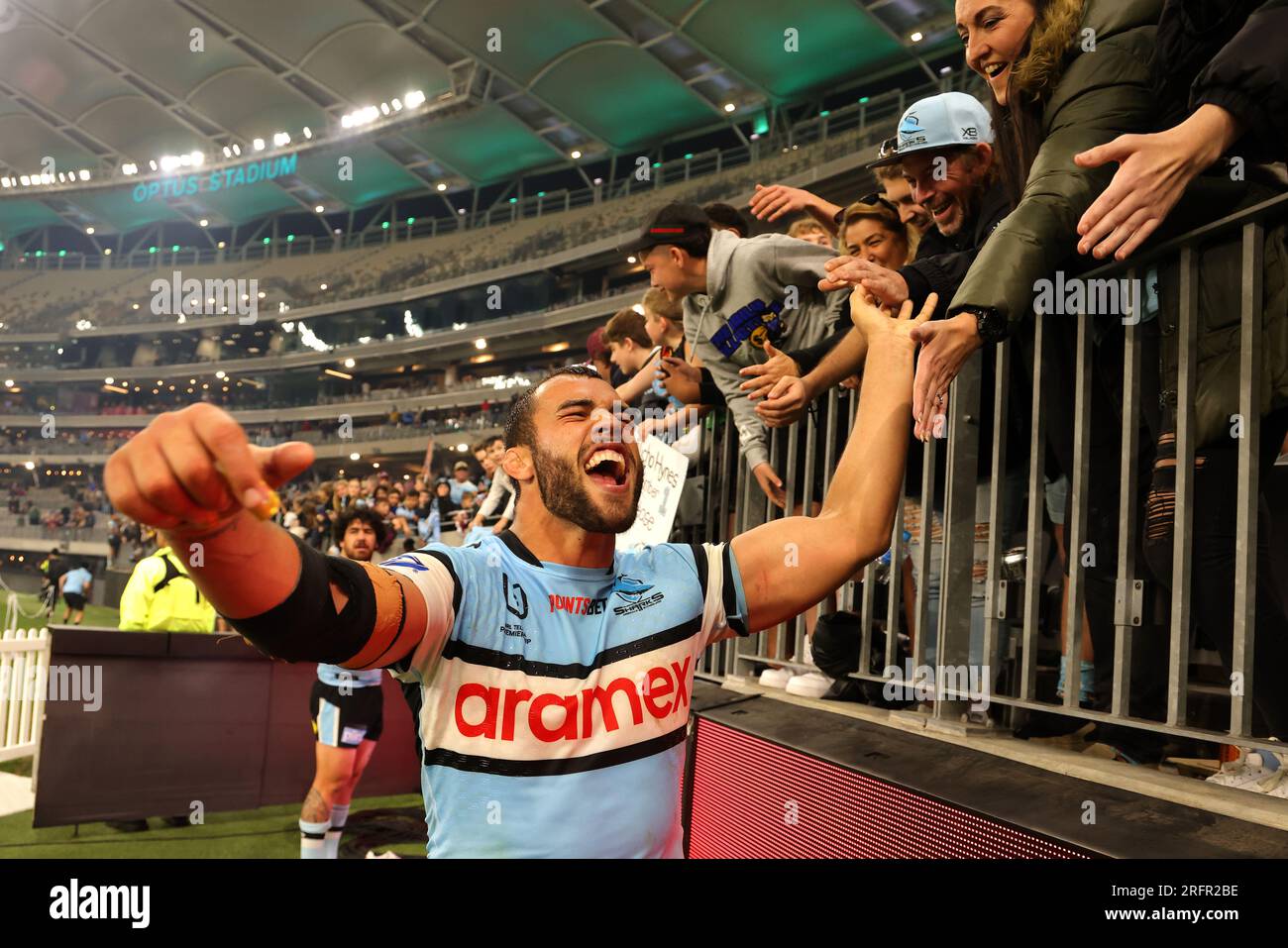 Perth, Australia. 05th Aug, 2023. Toby Rudolf of the Sharks celebrates ...