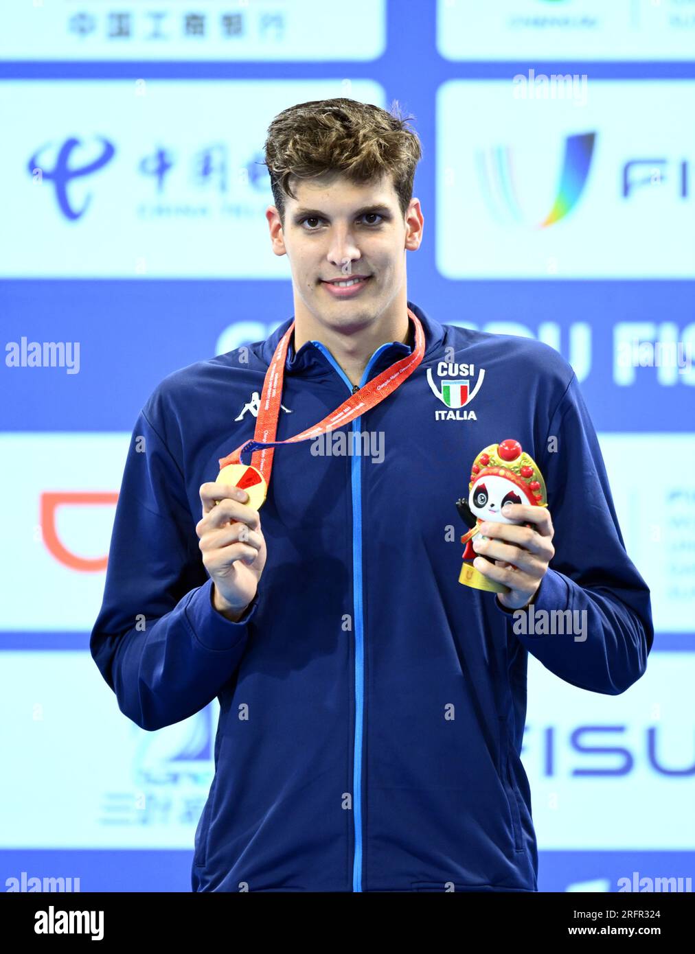 Chengdu, China's Sichuan Province. 5th Aug, 2023. Gold medalist Matteo Lamberti of Italy poses ...