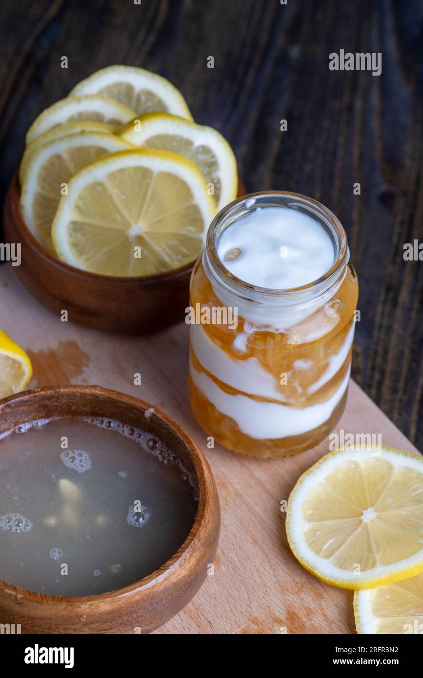 Yogurt made from fresh milk with the addition of sweet lemon jam and ...