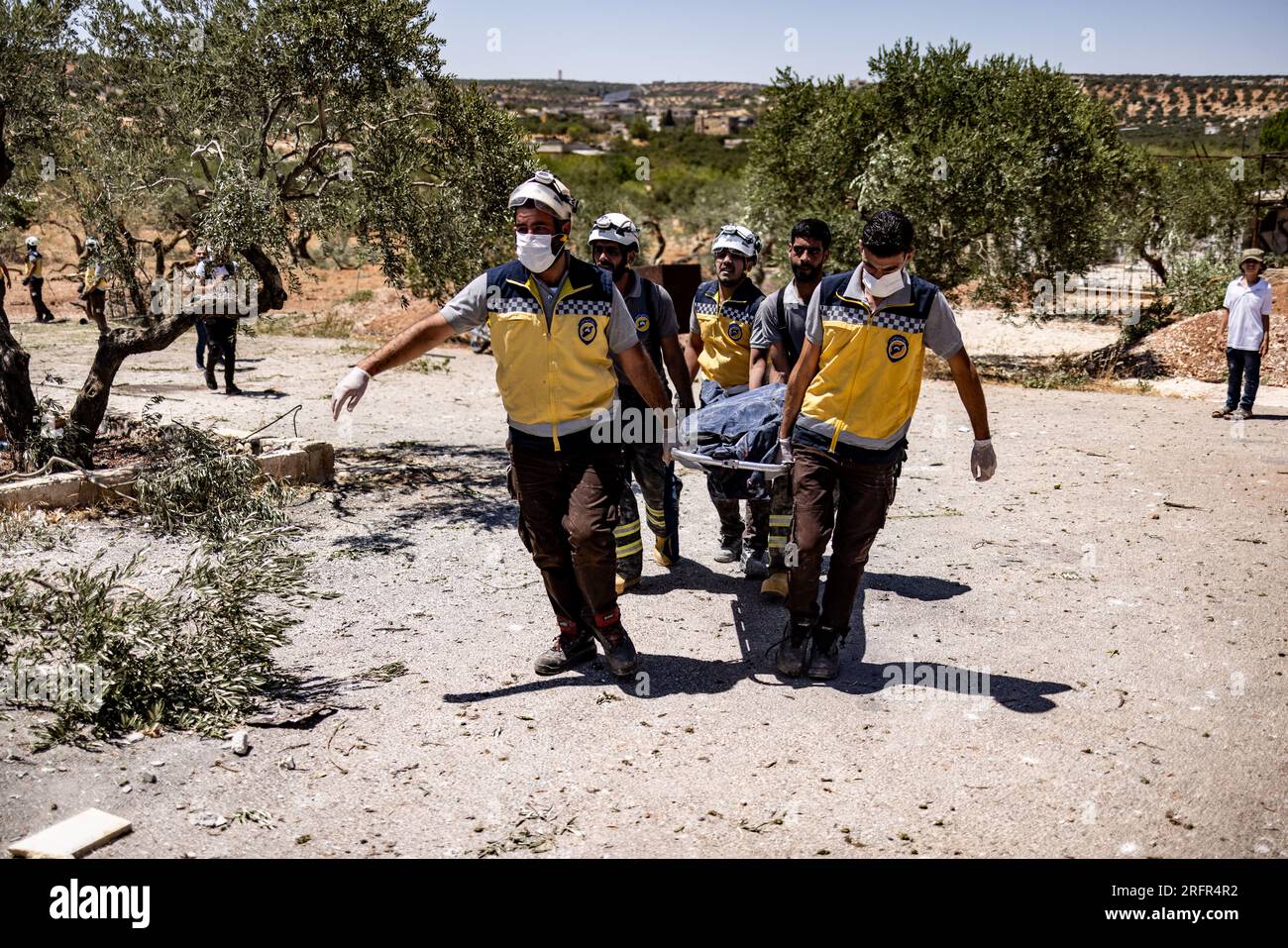 Idlib, Syria. 05th Aug, 2023. Members of the Syrian Civil Defense, also ...