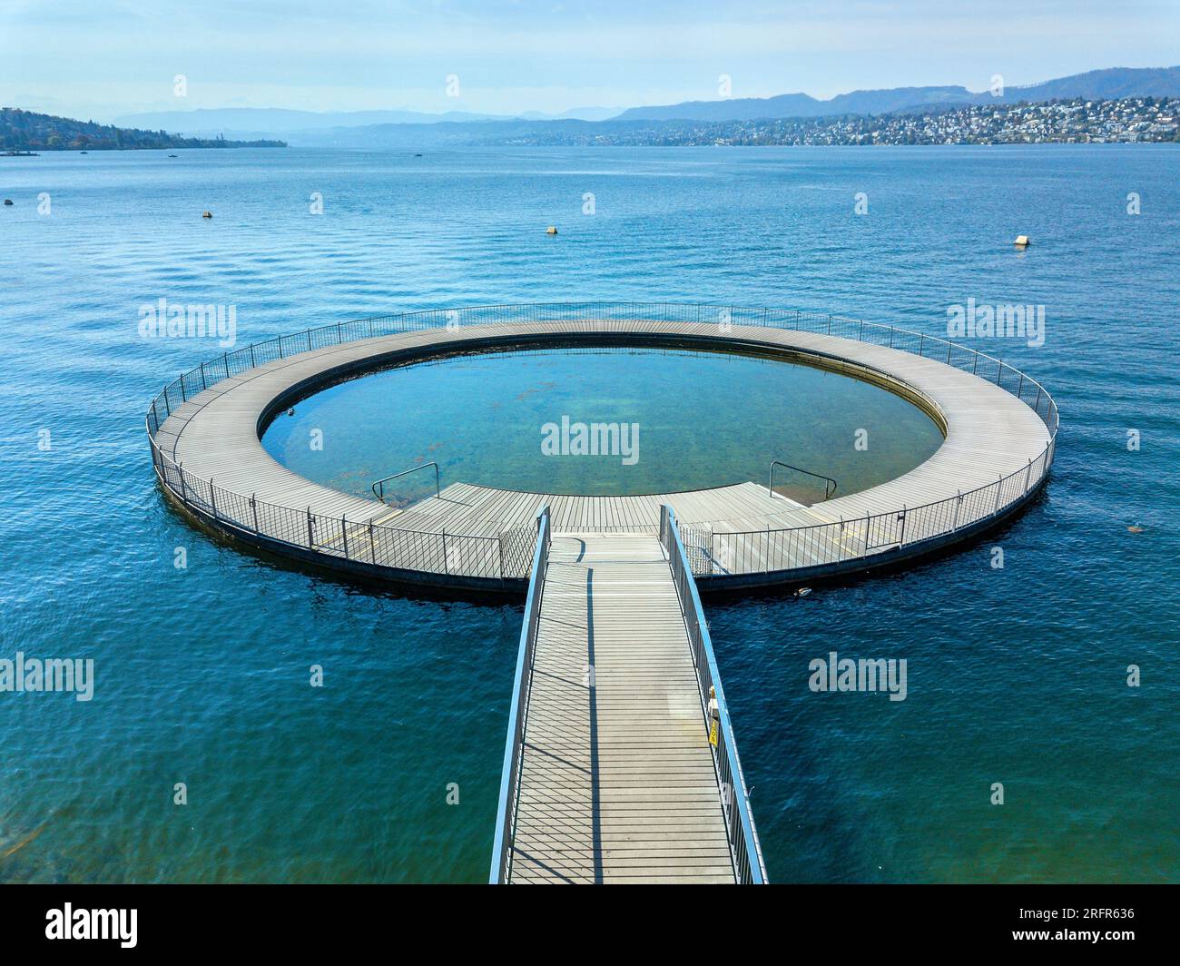 Aerial image of the public swimming pool at the Zurich lake side with a ...