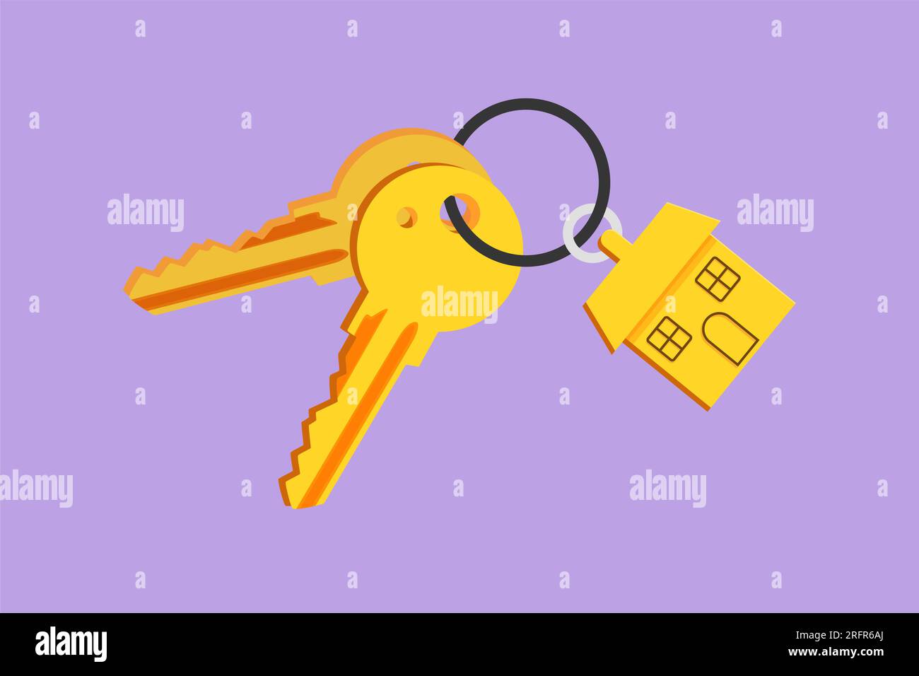 Cartoon flat style drawing keychain with key ring, two keys and pendant ...