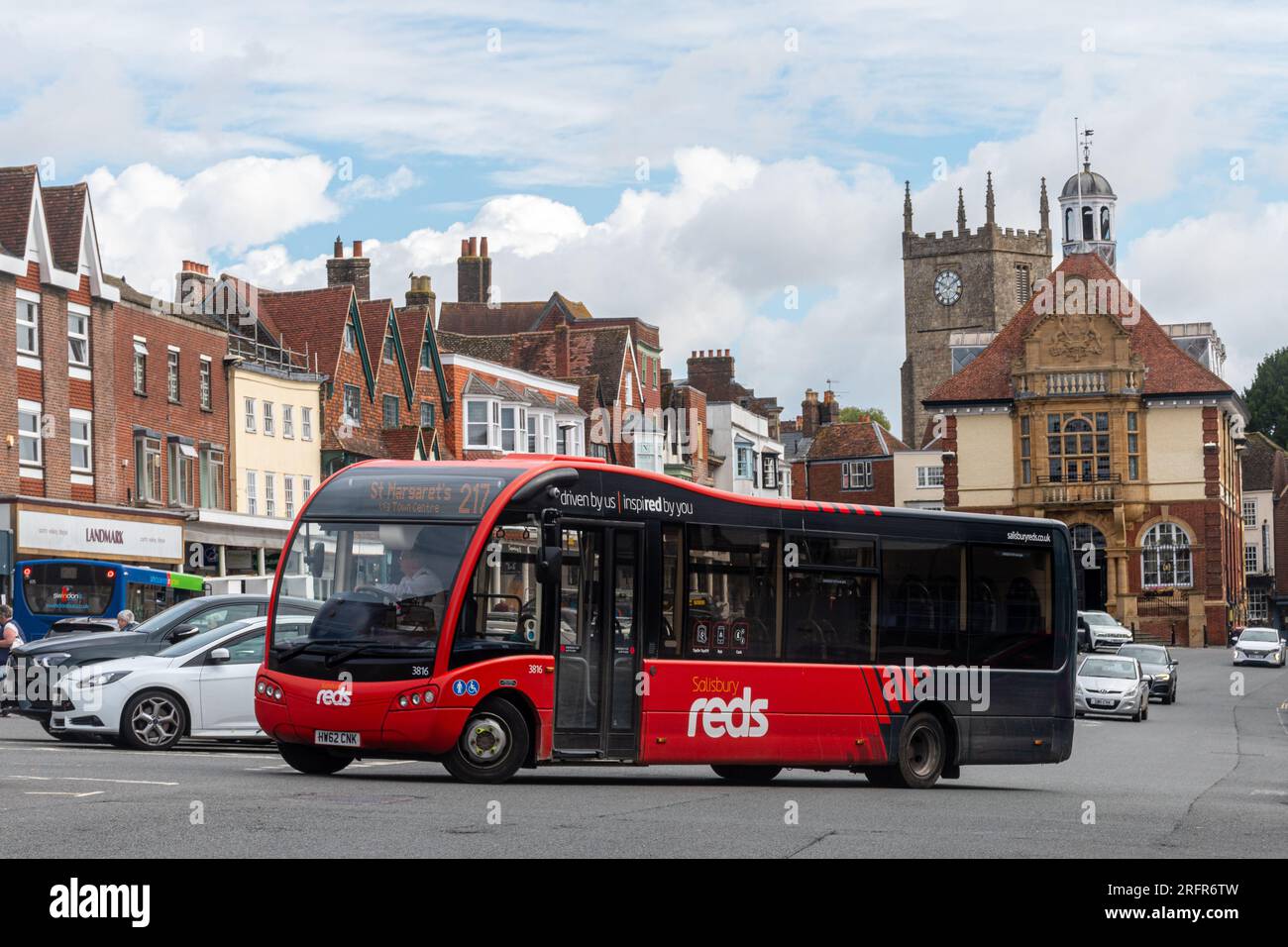 A bus driving along the high street in Marlborough town centre ...