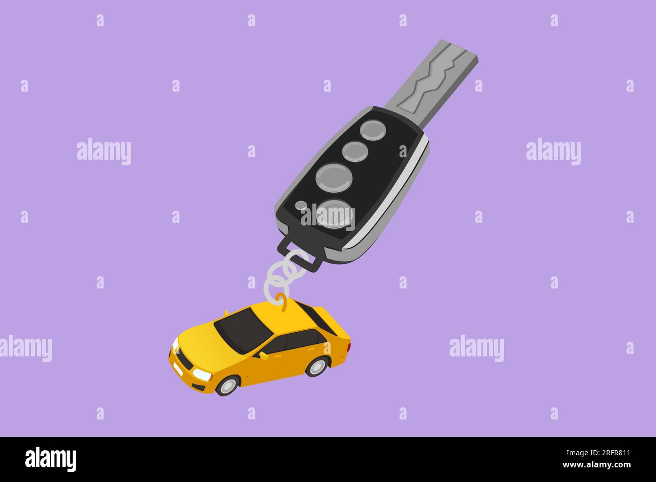 Cartoon flat style drawing key car and key ring over the metallic table ...