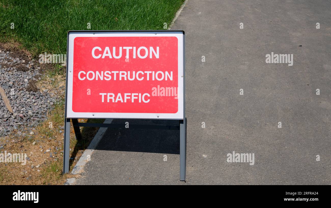 Caution Construction Traffic sign on construction site, Cotswolds ...