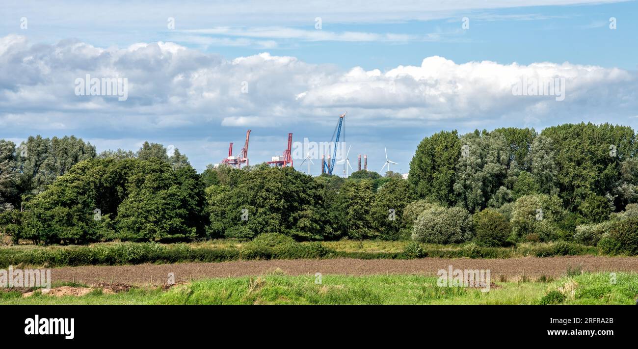 The cranes and wind turbines of Royal Portbury Dock, Bristol, England ...