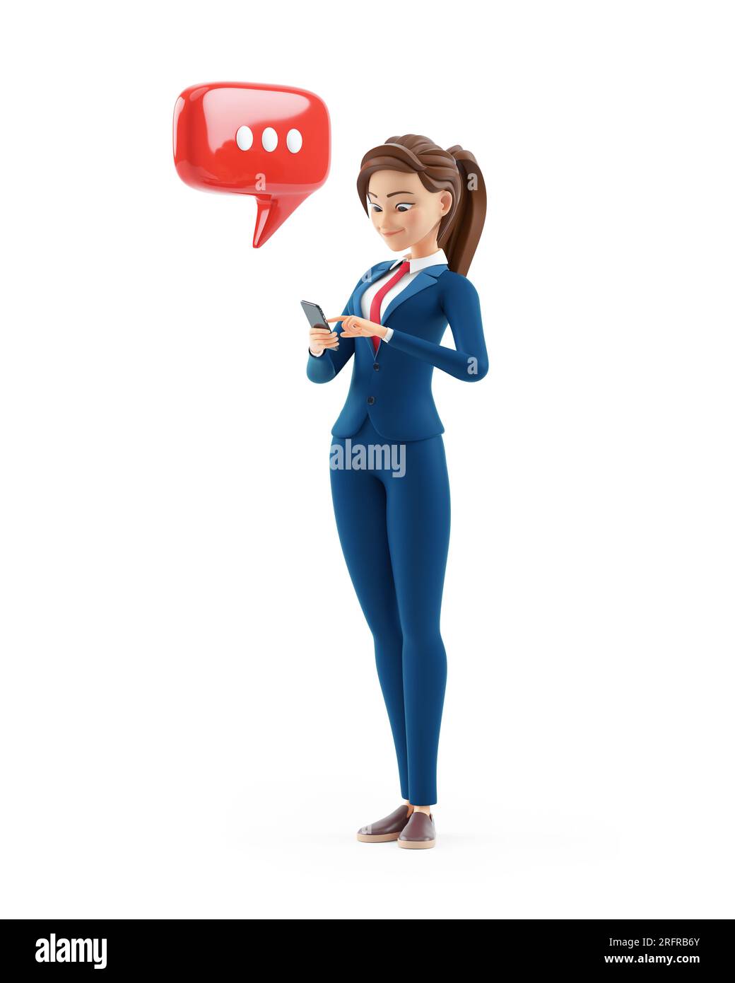3d cartoon businesswoman texting with smartphone, illustration isolated ...