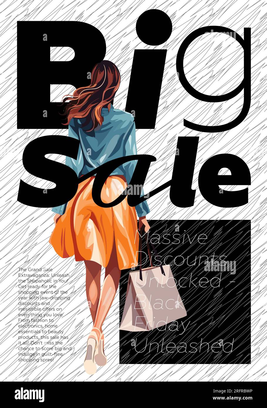Big sale and discount poster. Beautiful woman in shopping mall. Black ...