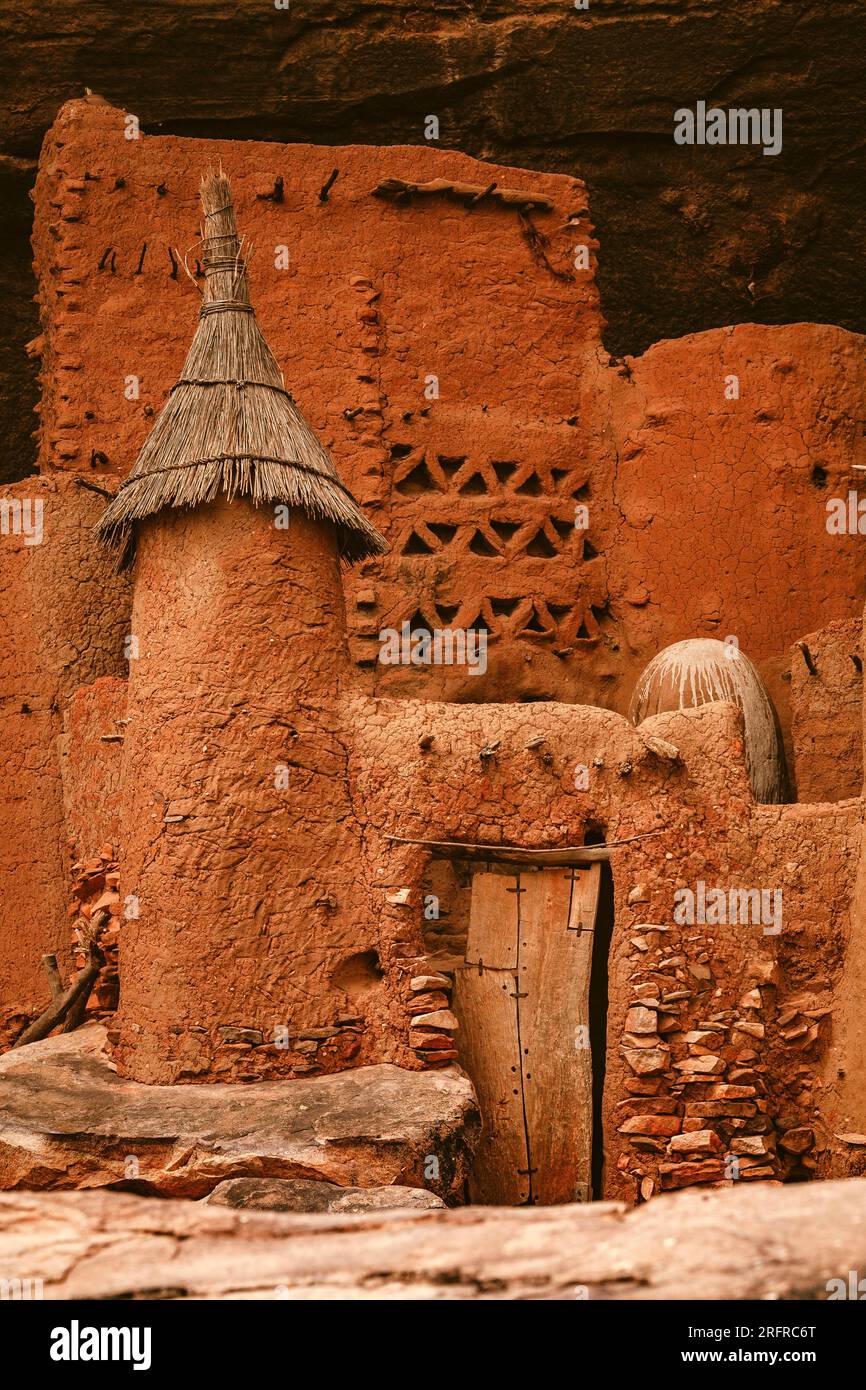 Dogon village and typical mud buildings, buildings used as barns for ...