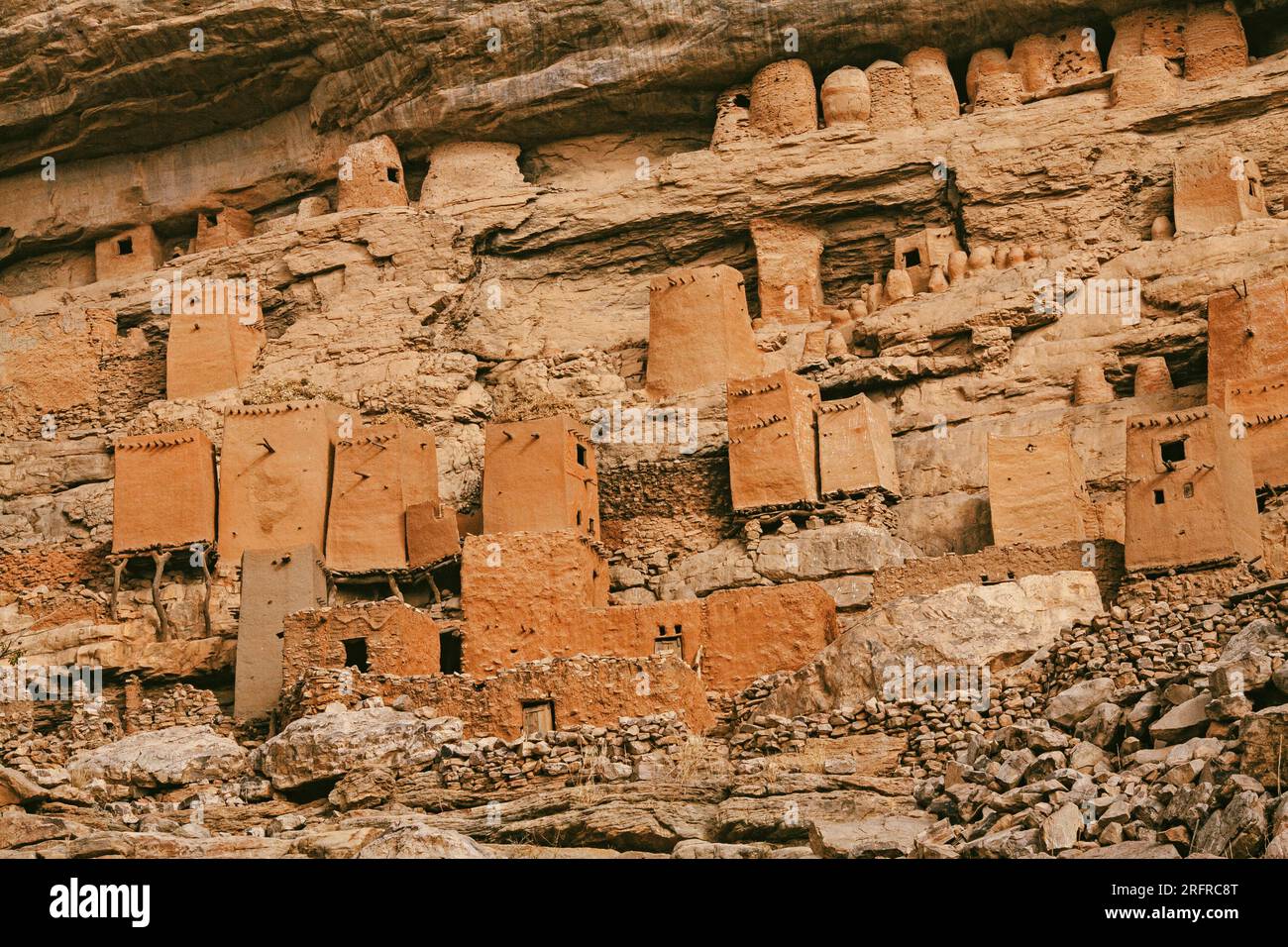 Dogon village and typical mud buildings, buildings used as barns for ...