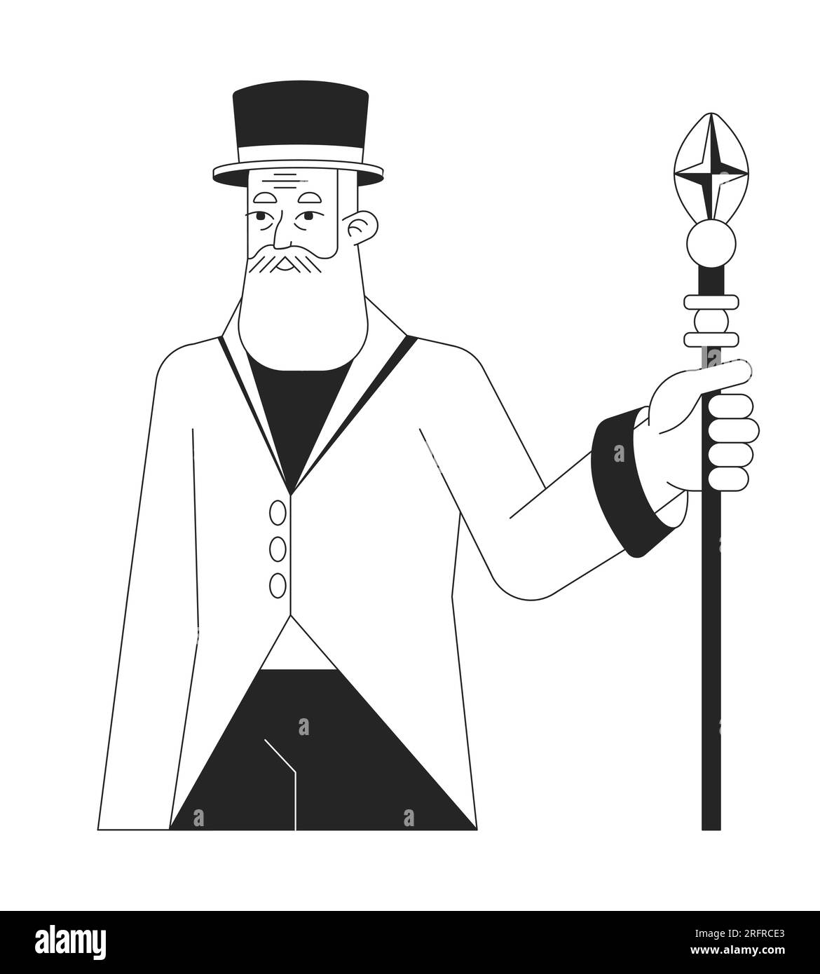 Bearded Senior Man In Hat Flat Line Black White Vector Character Stock