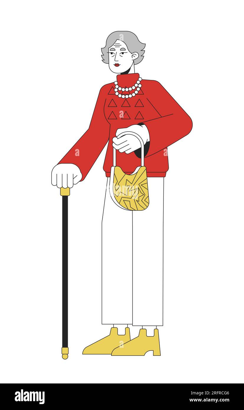 Stylish old woman with walking cane flat line color vector character ...