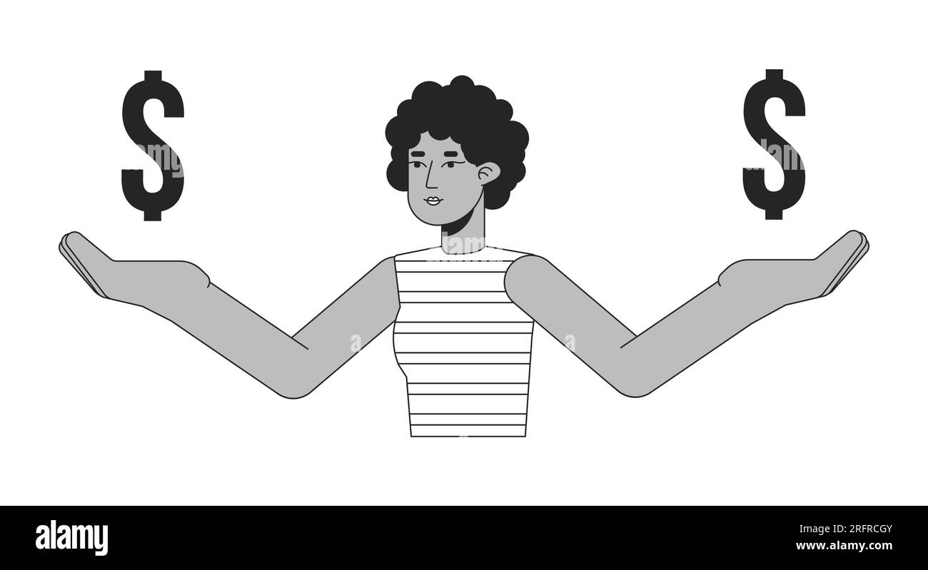 Woman holding dollar signs on hands flat line black white vector ...