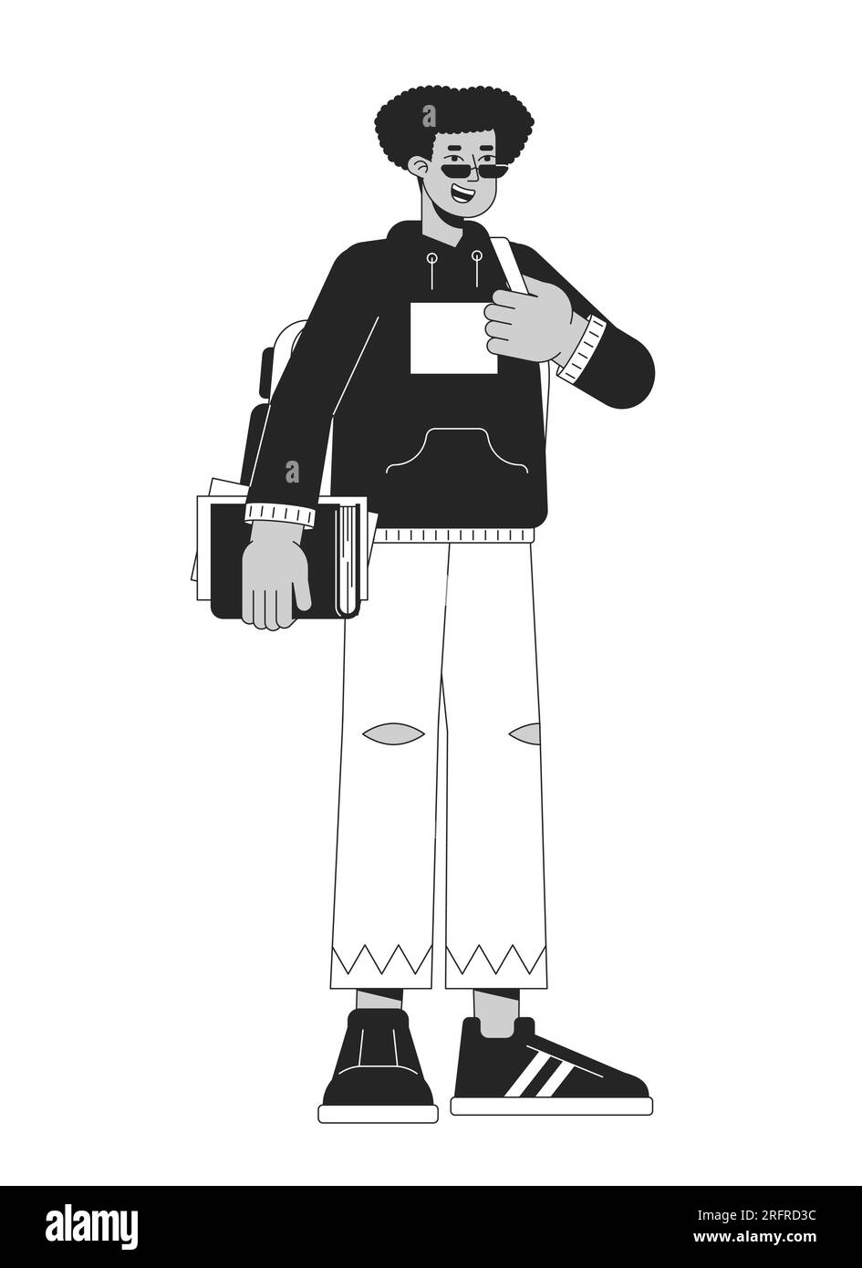Happy latinamerican student with rucksack flat line black white vector ...
