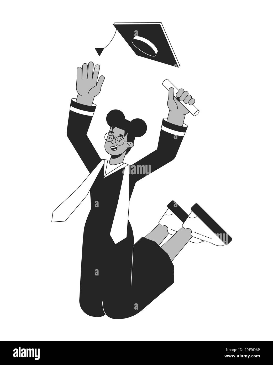 Jumping graduate female african american flat line black white vector ...