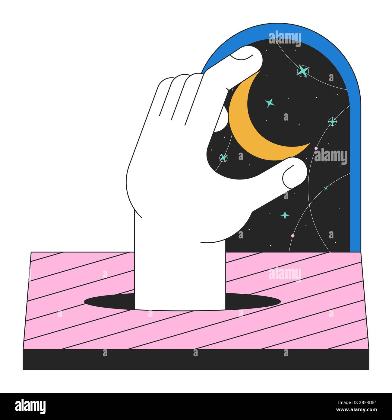 Hand taking moon off esoteric night sky flat line color isolated ...