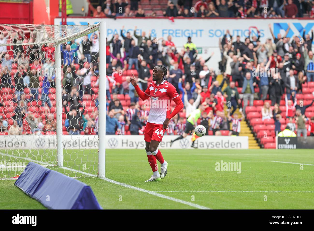 Devante Cole #44 of Barnsley celebrates his goal to make it 1-0 during ...
