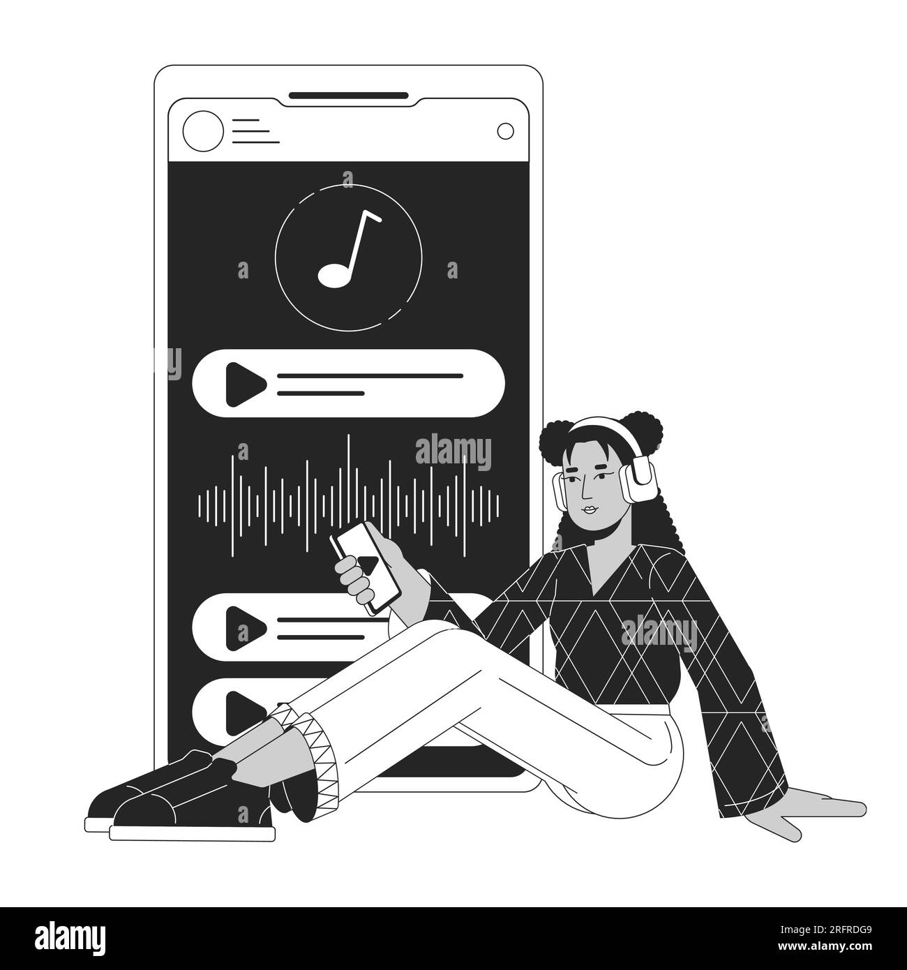 Listening to music on smartphone bw concept vector spot illustration ...