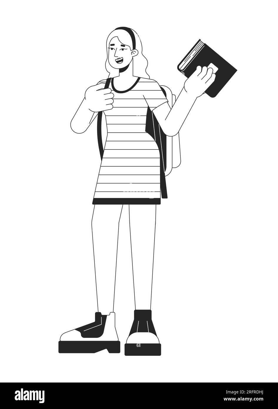 Caucasian College Girl Holding Book Flat Line Black White Vector Character Stock Vector Image