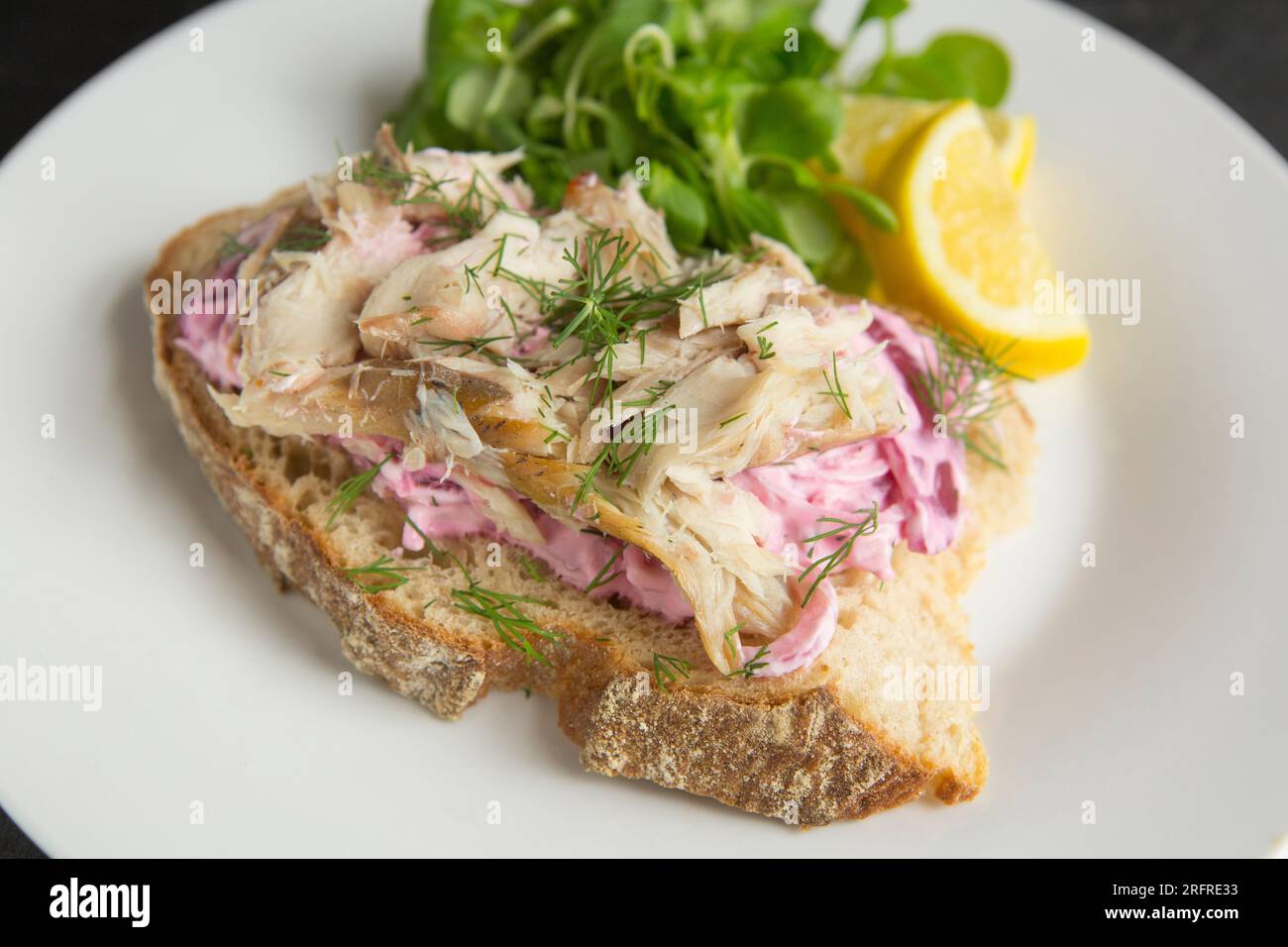 Hot smoked mackerel served on sourdough bread with a beetroot, soured ...