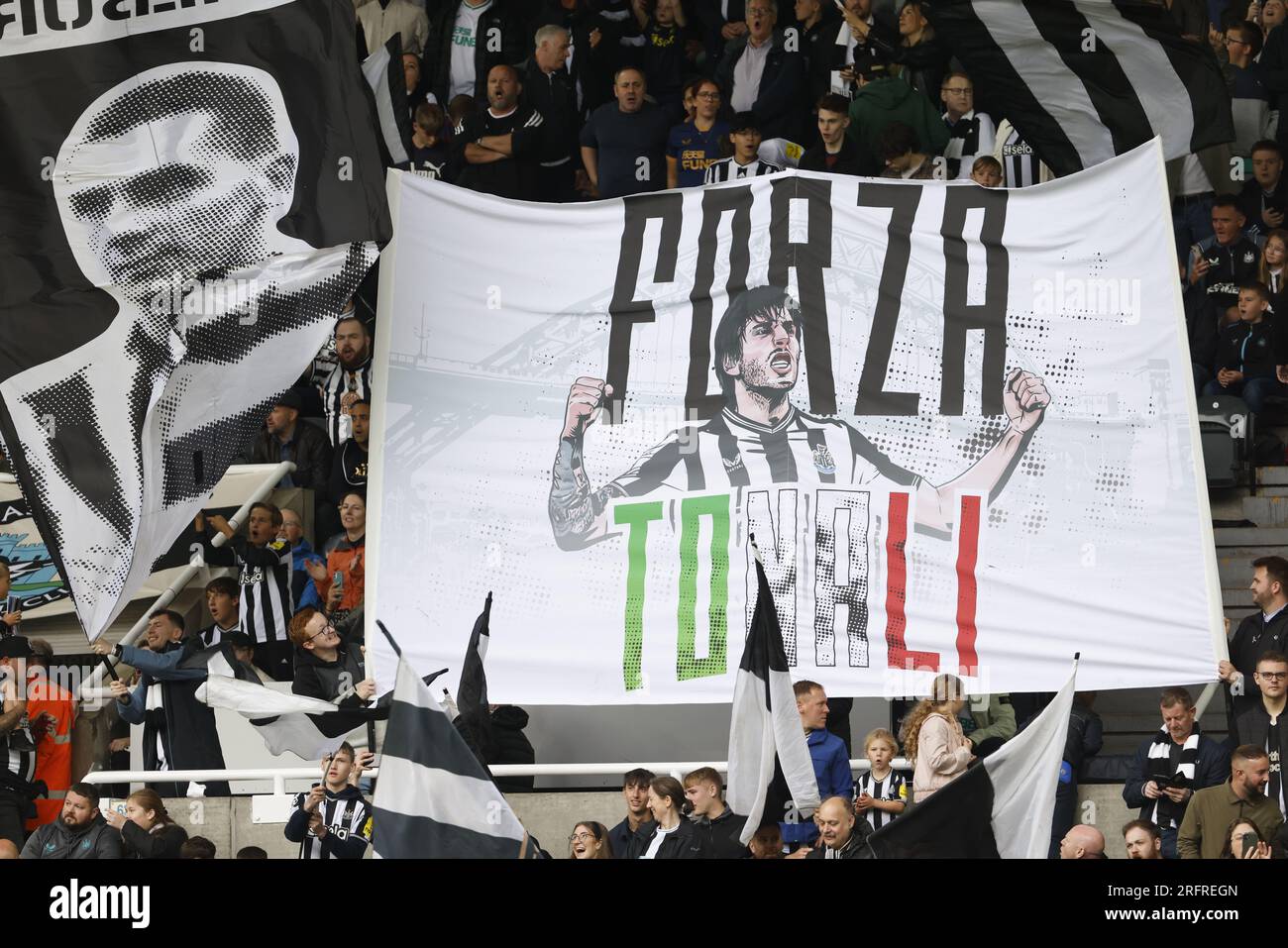 Newcastle fans holding up a banner of Sandro Tonali during the Sela Cup ...