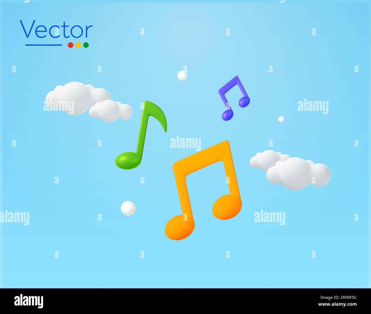 3d colorful flying music notes in sky, clouds, minimal style, isolated ...