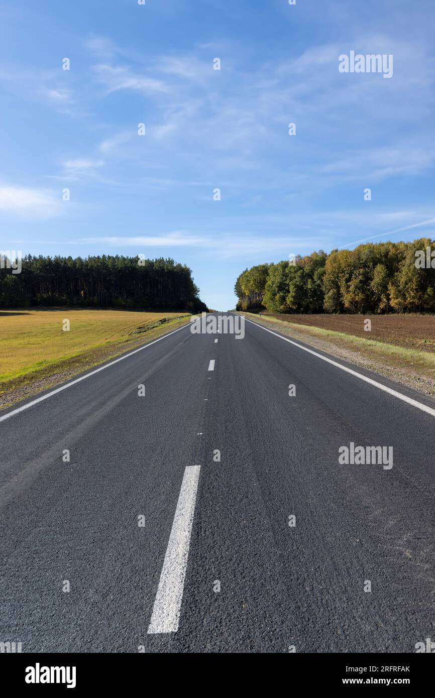 A straight highway without cars, a summer landscape with an empty ...