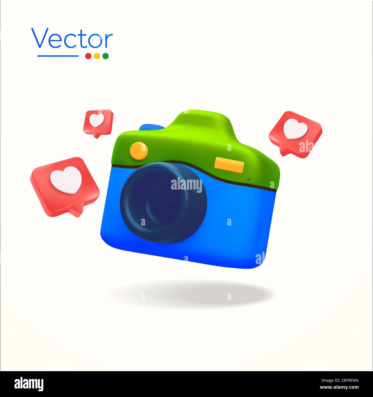 3d blue photo or video camera with pink love or heart icons, isolated ...