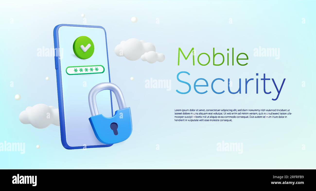 3d flying smartphone with green checkmark, password, blud security lock in the sky, white clouds ...